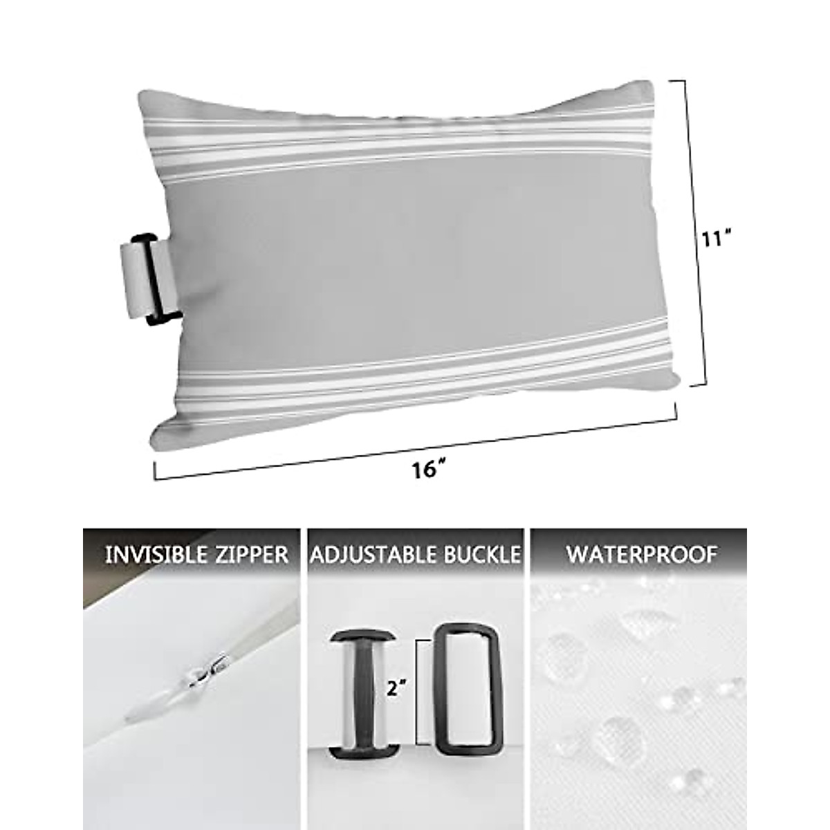 Recliner Head Pillow Ledge Loungers Chair Pillows with Insert Farmhouse Gray White Stripe Lumbar Pillow with Adjustable Strap Outdoor Waterproof Patio Pillows for Couch Beach Pool Office Chair, 2 PCS