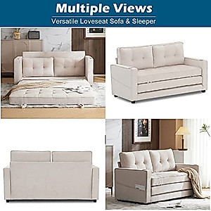 VINGLI Upgraded 64" W 84" L Full Size Futon Sofa Bed, 6" Thick Upholstery Chenille Loveseat Sofa Sleeper Pull Out Couch,Convertible Floor Couch for Living Room, Bedroom, Entertainment Room, Beige