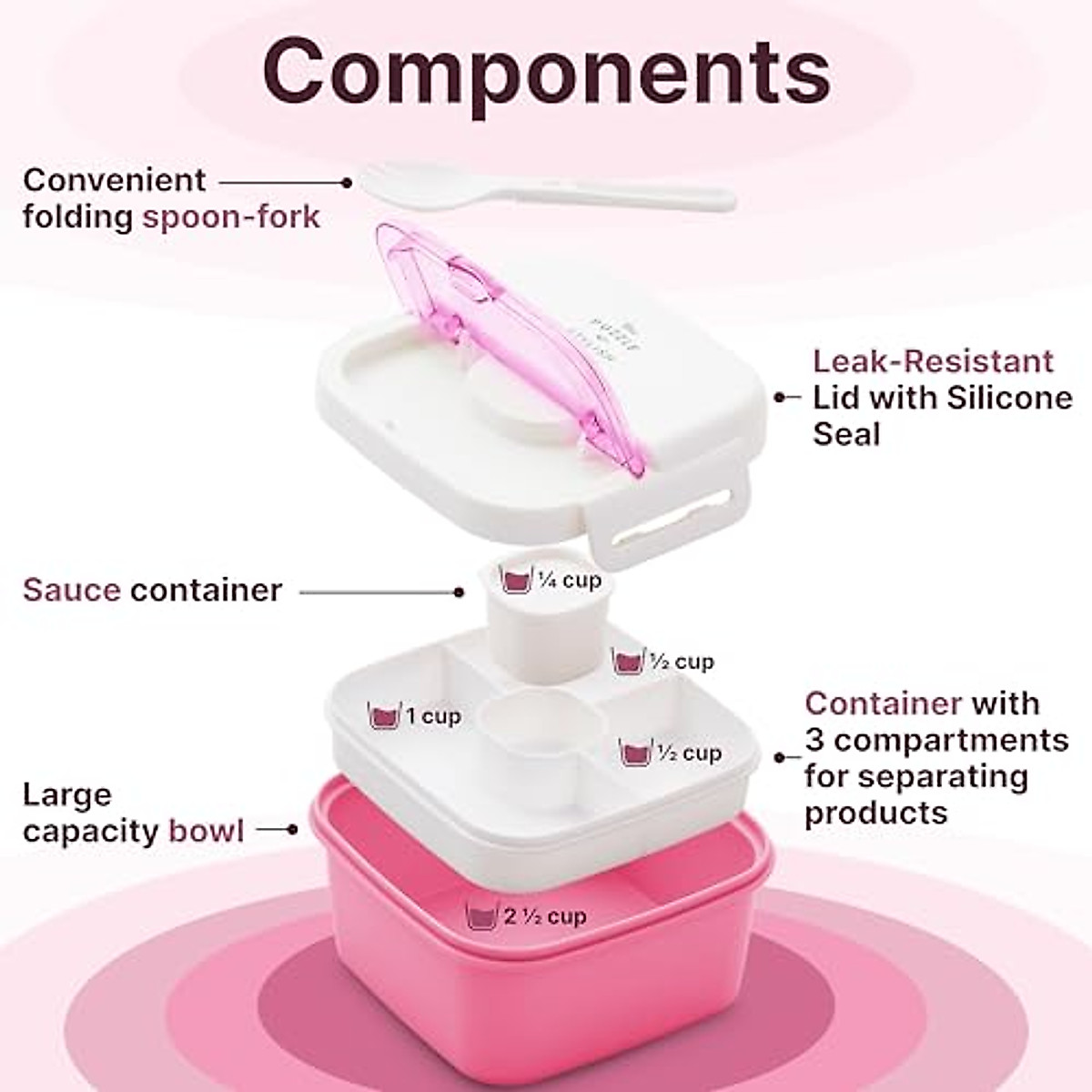 Earth&ME Bento Lunch Box For Adults Kids, 1100 Ml Bento Box Container With 2 Floors 3 Compartments, Leak-proof Sauce Container, Spork, Ideal Salad Container For Lunch For School, Office, Travel, Pink