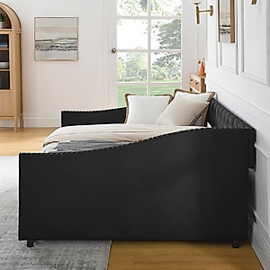 Flieks Linen Upholstered Full Daybed with Two Storage Drawers, Full Size Button Tufted Sofa Bed Daybed with Nailhead Trim and Wood Slat Support (Black)