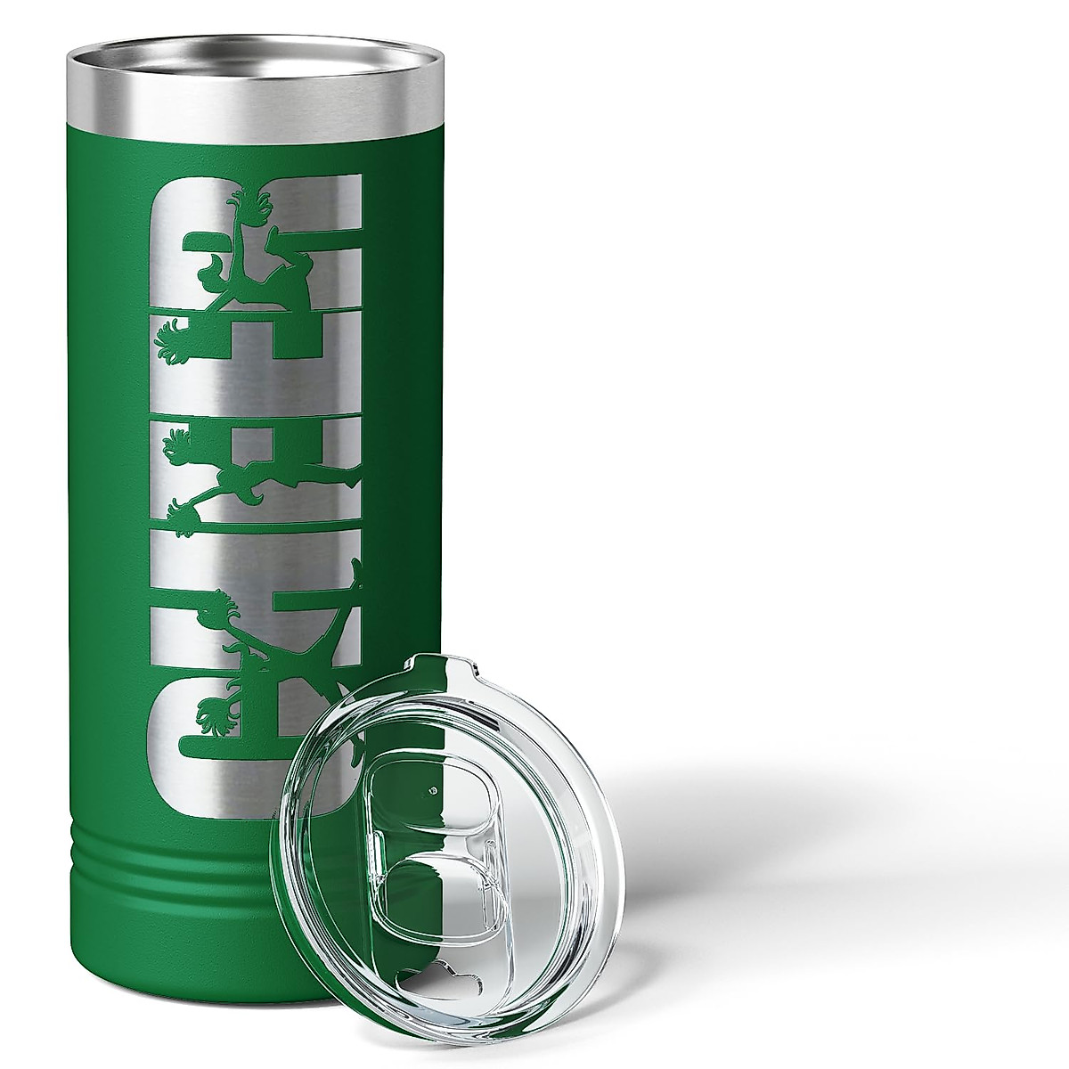 Cuptify Cheer Tumbler with Lid Laser Engraved on Green 22 oz Skinny Cup for Cheerleader Vacuum Insulated Birthday Gift for Cheerleading, Cheer Squad, Women