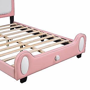 CJLMN Upholstered Rabbit Shaped Princess Bed Pink Platform Bed, Full Size Wood Bed Frame with Bunny Ears Headboard and Bunny Tail Footboard, Kids Bedroom Furniture Fun Cute Rabbit Bed