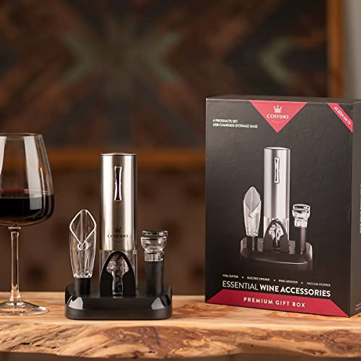Premium Electric Wine Bottle Opener with Charging Base, Quality Italian Design, Wine Accessories Set, Corkscrew Opener, Display Charging Station, an Unique Gift for Wine Lovers
