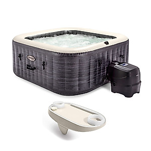 Intex PureSpa Plus Greystone Inflatable Square Outdoor Hot Tub Spa, 83x28" and Tray Attachment Accessory for Mobile Tablet Phones with LED Light Strip