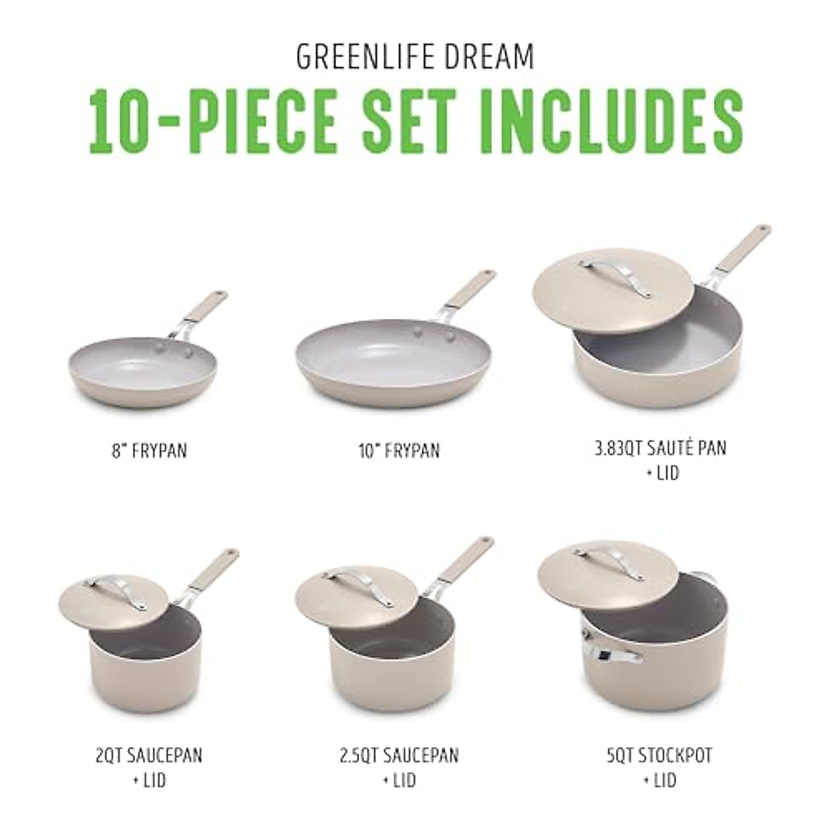 GreenLife Dream 10-Piece Ceramic Nonstick Cookware Set, Pots Frying & Sauce Pans, PFAS-Free & PFOA-Free, Dishwasher & Oven Safe, Stay-Cool Handles, Durable Aluminum Body, Versatile Cooking, Taupe