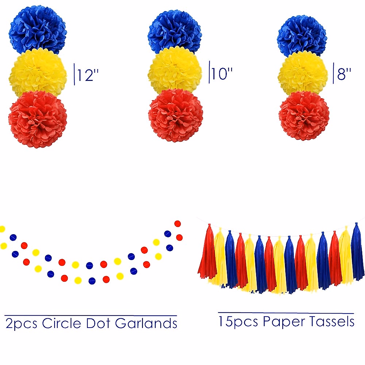 InBy Carnival 26pcs Red Blue Yellow Party Decorations Kit for Birthday Wedding Bachelorette Bridal Baby Shower Party Decor - 12" 10" 8" Tissue Flower Paper Pom Pom, Paper Tassel, Circle Dot Garland