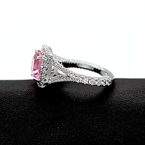 Uloveido Platinum Plated Simulated Pink Topaz Filled Halo Promise Ring for Her, Big Pink Stone Split Shank Square Rings Solitaire Y586 (Size 9)