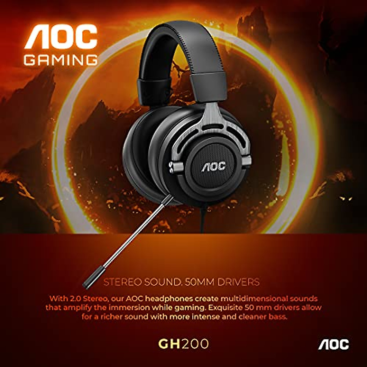 AOC Gaming GH200 Wired Gaming Headset with 2.0 Stereo Sound, Built-in Detachable Microphone, Premium Protein Leather, Integrated Control Panel and 3.5 mm Cable Connection