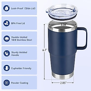 HASLE OUTFITTERS 20oz Tumbler with Lid, Stainless Steel Tumbler with Handle, Metal Insulated Travel Coffee Mug with Handle, Double Wall Vacuum Spill Proof Tumbler Cup, Navy 1 Pack