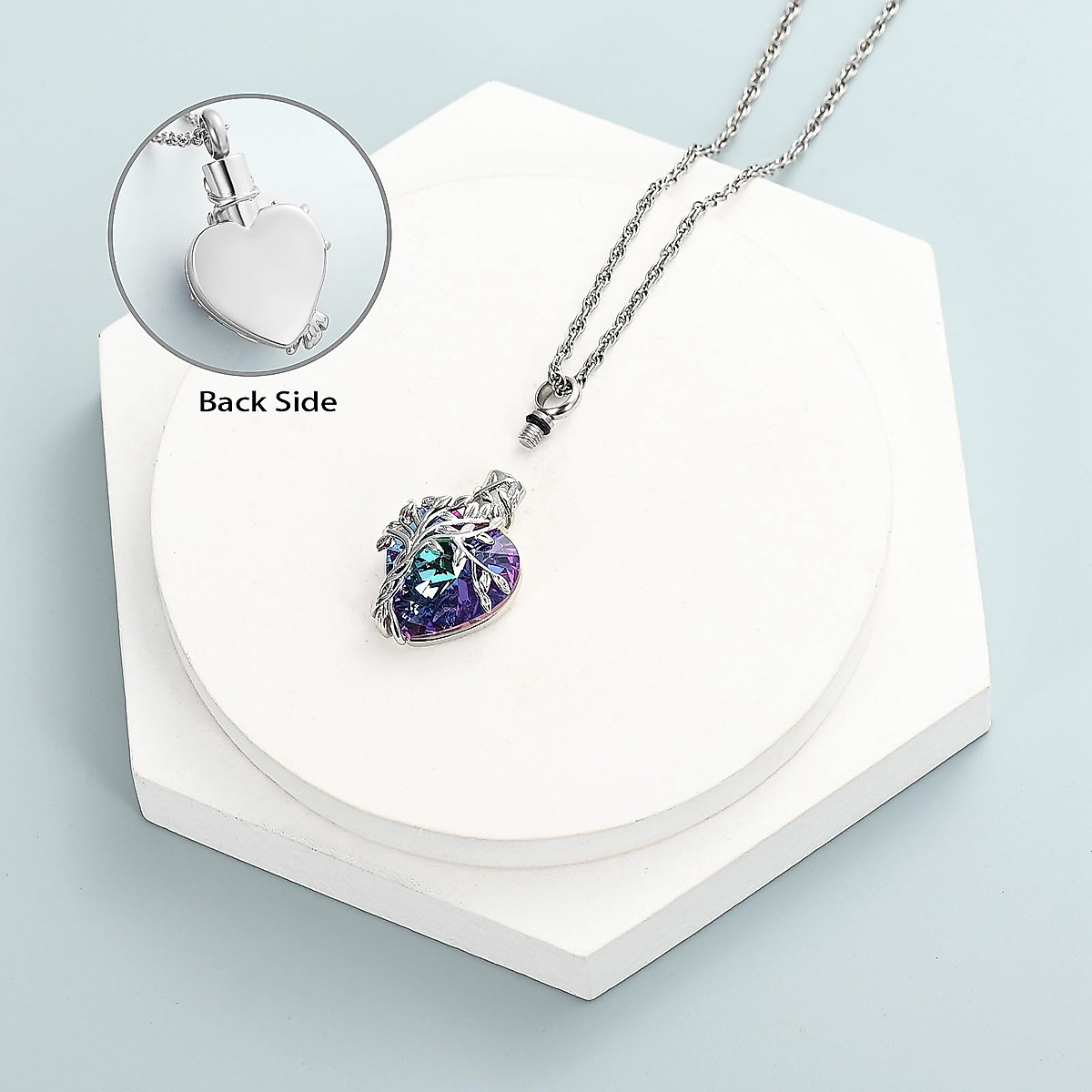 shajwo Tree of Life Cremation Heart Urn Ashes Necklace for Women Men Cremation Crystals Ash Pendant Loved One Memorial Jewelry,Silver-Purple Green