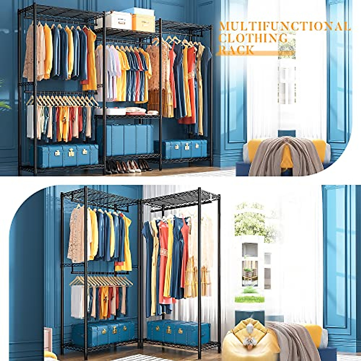 Raybee Clothes Rack, Heavy Duty Clothing Racks for Hanging Clothes Rack Load 830Lbs, Metal Clothing Rack Heavy Duty Clothes Racks for Hanging Clothes, Adjustable Garment Rack, 77"H x69"W x16"D, Black