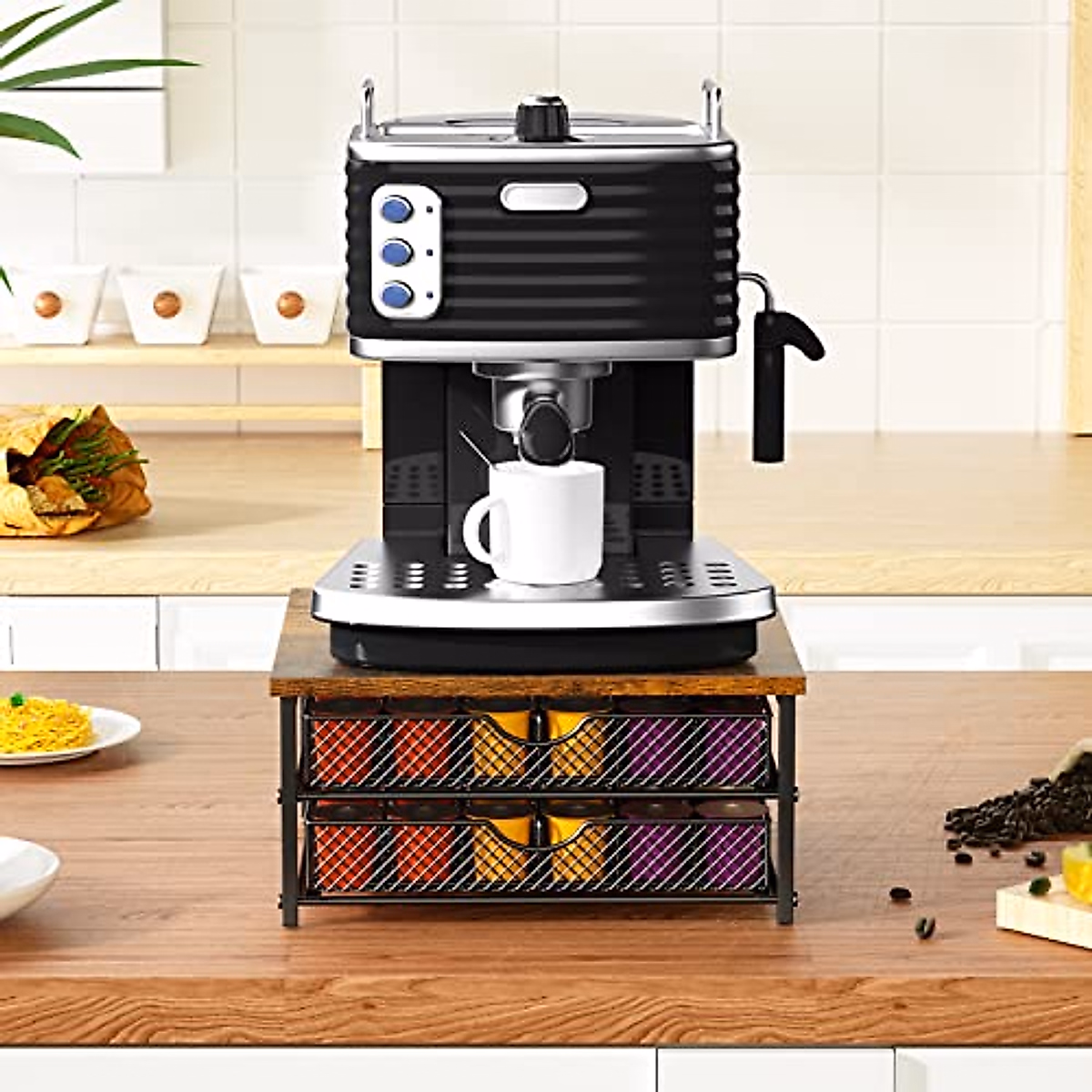 Coffee Pod Drawer K Cup Organizer 2-Tier Coffee Pod Storage Holder with Drawer Baskets 72 Capacity Coffee Capsule Storage Organizer Drawer, Industrial Brown and Black