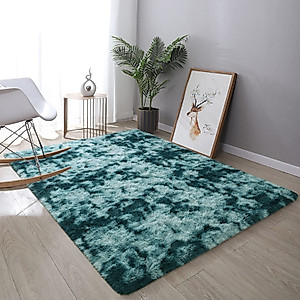 DweIke Fluffy Modern Area Rugs for Living Room Bedroom, 3x5 ft Plush High Pile Rug for Kids Girls Room Nursery Home Decor, Upgrade Non-Slip Girls Bedroom Soft Indoor Rug, Tie-Dyed Peacock Blue