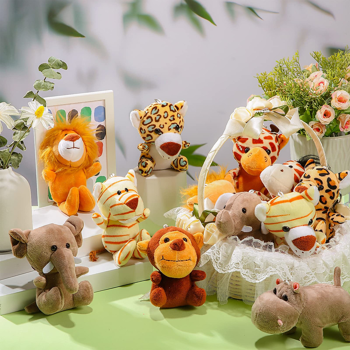 12 Pieces Mini Safari Stuffed Animals 4.8 Inch Jungle Zoo Animal Plush Cute Elephant Monkey Giraffe Leopard Deer Lion Tiger Hippo for Baby Shower Birthday Party Teacher Student Award