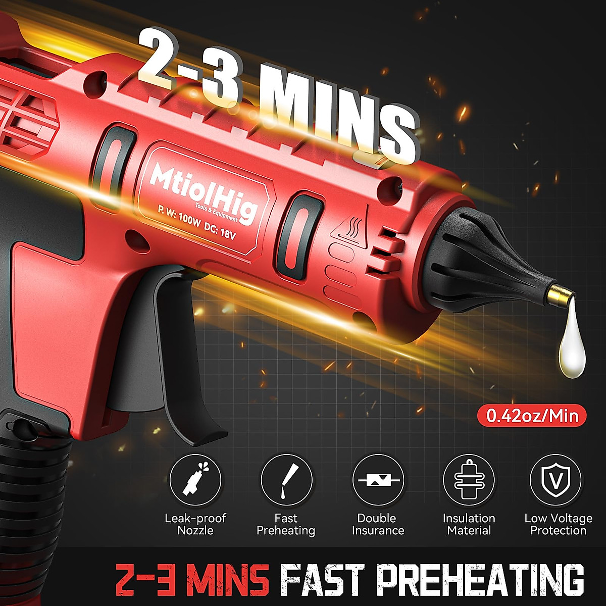 100W Hot Glue Gun for Milwaukee 18v Battery, Wireless Battery Powered Cordless Glue Gun for 18v Battery, Heavy Duty Full Size Glue Gun with 20pcs 0.43'' Glue Sticks for Crafts DIY & Repairs(Tool Only)
