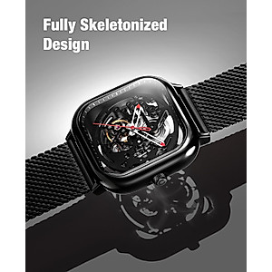 CIGA Design Men's Automatic Watch, C Series Full Hollow Skeleton Mechanical Analog Wristwatch with Milanese and Leather Strap Sapphire Crystal Mirror (Black)