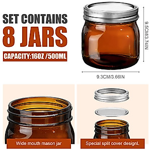Bokon 8 Pieces Glass Mason Jars 16 oz Wide Mouth with Airtight Lids Dye Glass Canning Pint Jars Mason Jars Suitable for Pickle Fermenting Preserving Jam Jar(Amber)