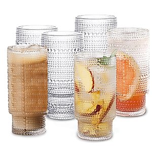 TOBHUYEXZ Vintage Glassware Set of 6 Beaded Clear Glass Cups with Water Droplet Fluted Pattern Ribbed Glassware Iced Coffee Cups for Juice cocktail Whiskey Water