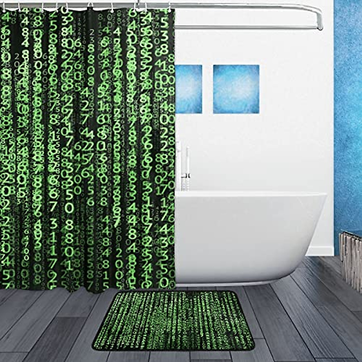 Shower Curtain Sets with Rugs for Bathroom Matrix Code Digital Numbers 72 x 72 Inch Shower Curtains in Bath with 12 Hooks