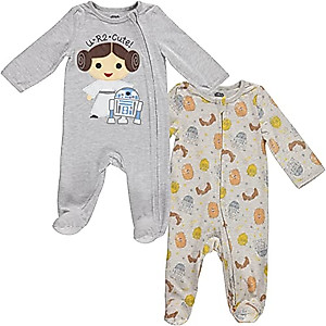 STAR WARS Princess Leia R2-D2 Newborn Baby Girls 2 Pack Zip Up Sleep N' Play Coveralls Grey/White 0-3 Months