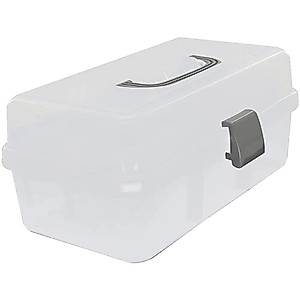 Auniwaig Portable Handled Organizer Box 33cm Plastic Sewing Box Multipurpose Art Tool Container Case Transparent Storage Box with Removable Tray for Art Craft and Cosmetic (33x20x15cm) 1pcs