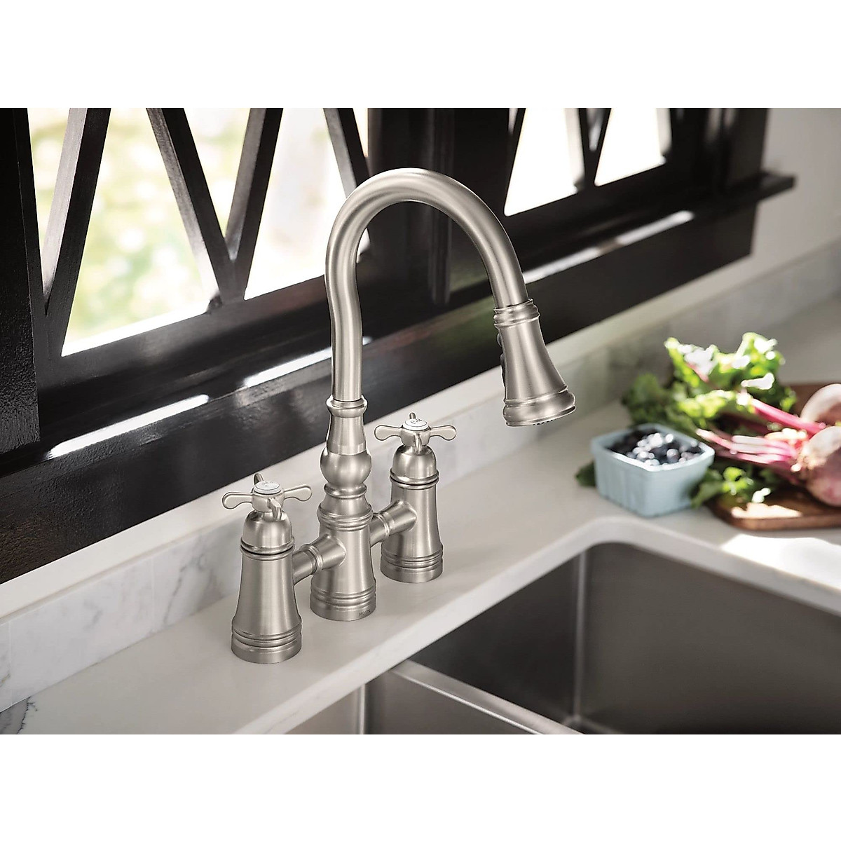 Moen S73204SRS Weymouth Two Handle Pulldown Bridge Kitchen Faucet, Spot Resist Stainless