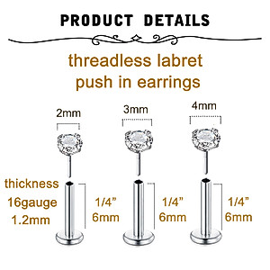 MODRSA Threadless Cartilage Earrings Tragus Earrings Tragus Helix Piercing Jewelry Helix Earrings Lip Piercing Jewelry Labret Piercing Jewelry Threadless Earring 16g 6mm