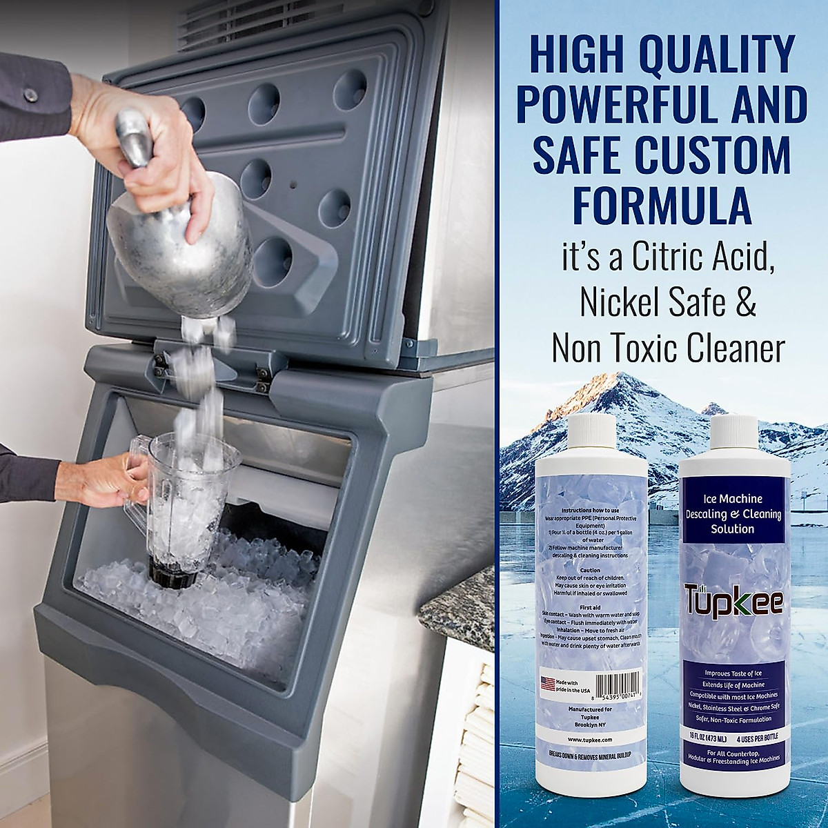 Tupkee Ice Machine Cleaner and Descaler - 16 fl oz, Nickel Safe Ice Maker Cleaner - Compatible with All Major Brands (Scotsman, KitchenAid, Affresh) - Made in USA