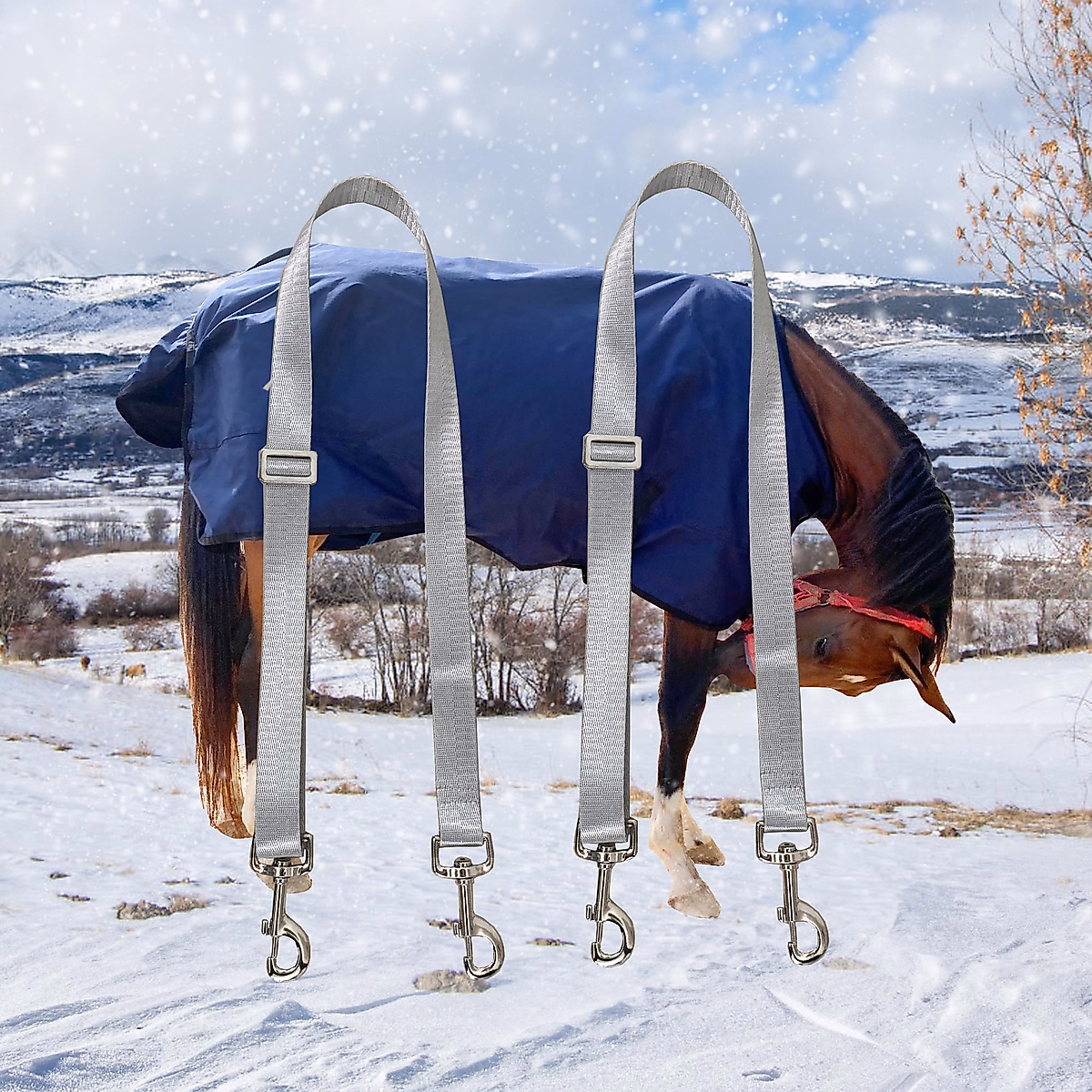 Horse Blanket Sheet Leg Straps， Adjustable Horse Leg Replacement Straps，with Metal Double Swivel Snaps, Adjustable Length from 24 to 42 Inch (Two Side Snaps)，Silver 2 PCS