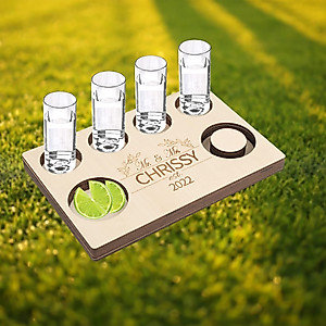 ROXIQ Tequila Trays Handmade Mr & Mrs Tequila Flight Board Serving Tray Personalized Shot Glass Holder Display w/ Salt Rim Wooden Bar Tray Liquor Birthday Party Housewarming MenGifts, 31x18x1.5cm