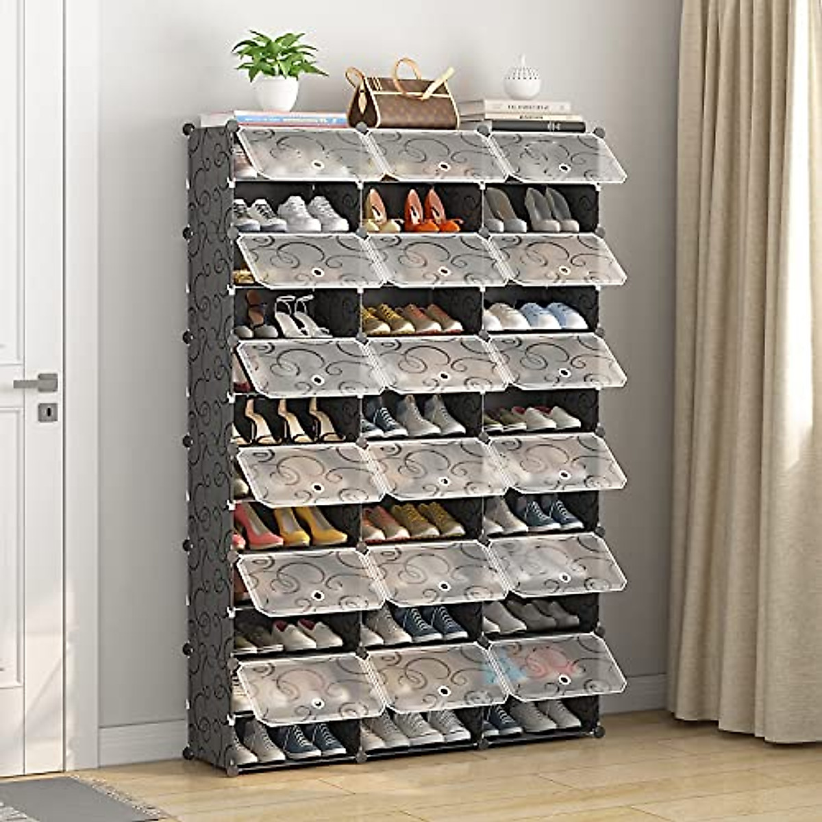 KOUSI Portable Shoe Rack Organizer 72 Pair Tower Shelf Storage Cabinet Stand Expandable for Heels, Boots, Slippers， 12-Tiers Black & Transparent Door