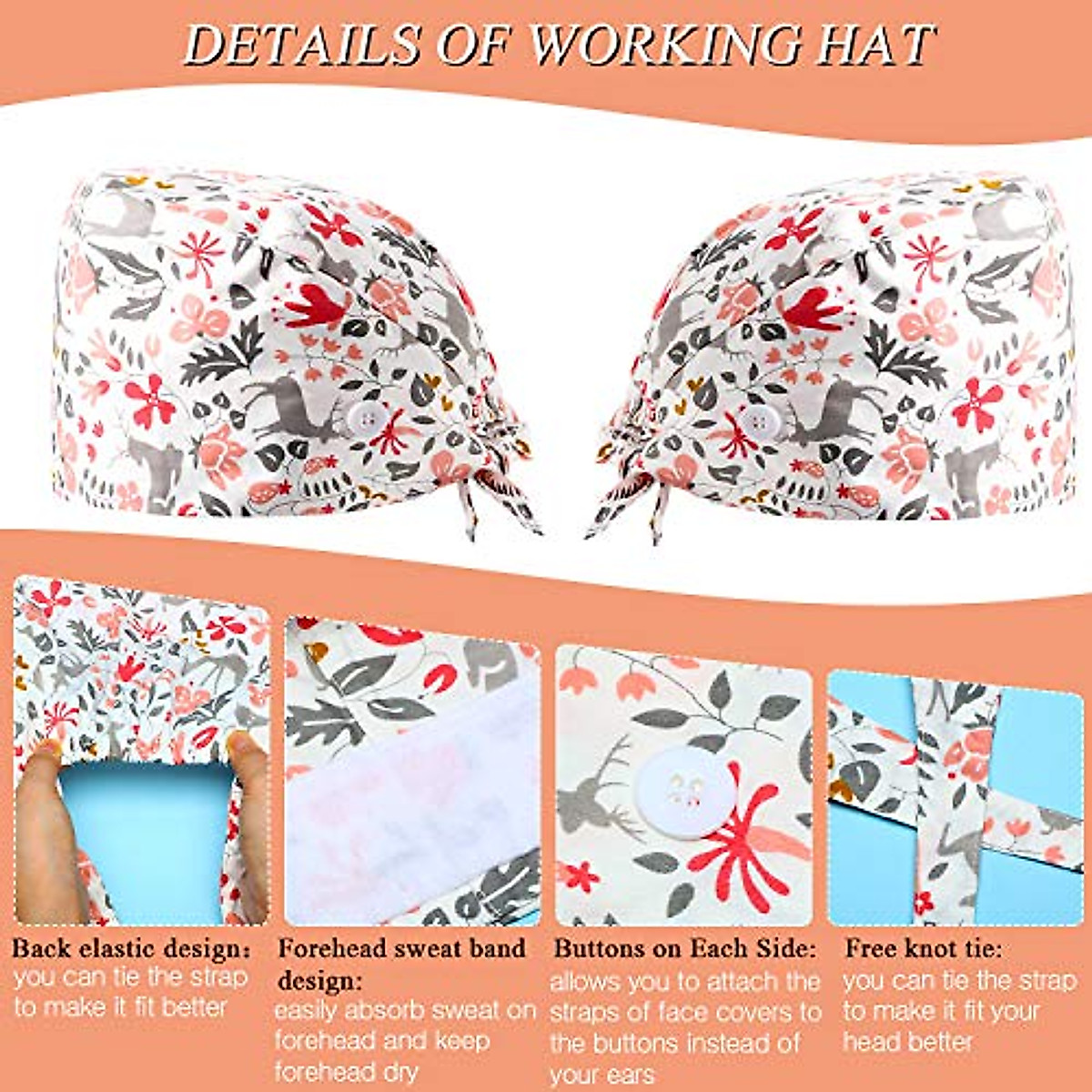 12 Pieces Women Working Caps with Buttons and Sweatband Adjustable Bouffant Hats Unisex Tie Back Hats Disposable Surgical Caps Beanie Headband Medical Head Face Mask for Nurse