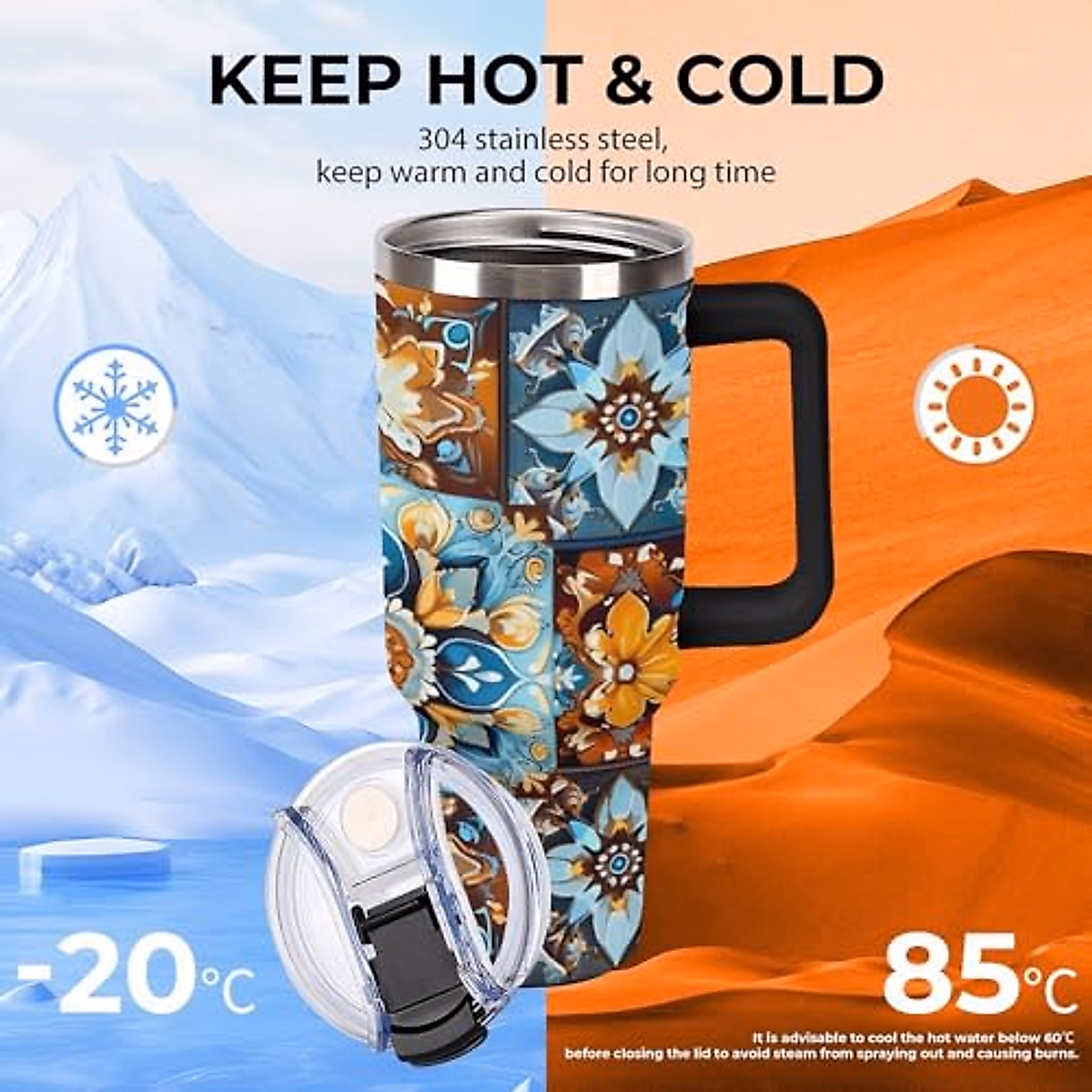 40 Oz Traditional Mexican Pattern Insulated Stainless Steel Tumbler with Handle & Straw Lid, Reusable Travel Cupholder Friendly Mug for Coffee, Water, Tea