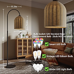 Rattan Floor Lamp, 63in. boho floor lamp with Natural Rattan Shade, Rustic Arc Standing Lamp for Coastal, Beach or Bohemian Style Decor, E26 Socket, On/Off Footswitch Lamp for living room, Bedroom