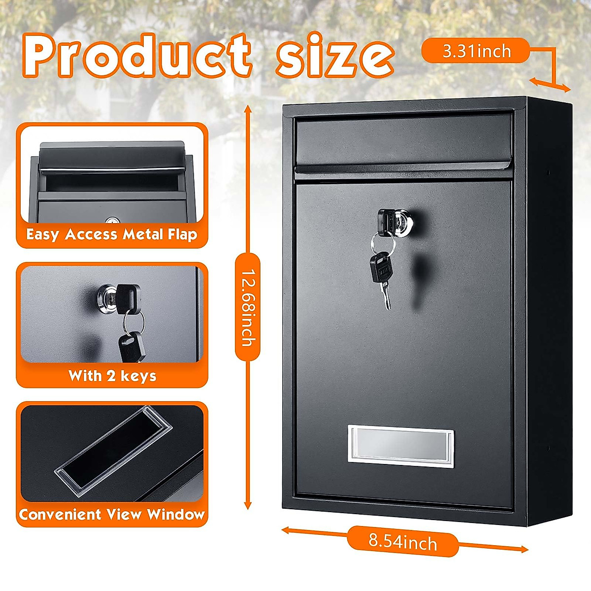 Gisafai 2 Pcs Mailboxes for Outside Wall Mount Large Donation Suggestion Box for Mailbox Postbox Letters Newspapers Rust Proof with Slot Steel, 12.68 x 8.54 x 3.31 Inch, Black(Key Lock)