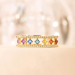 14K Gold Plated Multicolor Rainbow Colorful Chakra Square Cubic Zirconia Finger Ring for Women Anniversary Birthday Jewelry Gift-6