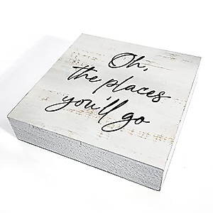 Oh the Places You'll Go Wood Box Sign Home Decor Rustic Nursery Quote Wooden Box Sign Block Plaque for Wall Tabletop Desk Home Nursery Decoration 5" x 5"