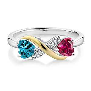 Gem Stone King 925 Sterling Silver and 10K Yellow Gold London Blue Topaz Red Created Ruby and White Lab Grown Diamond Women Ring (1.19 Cttw, Available In Size 5, 6, 7, 8, 9)