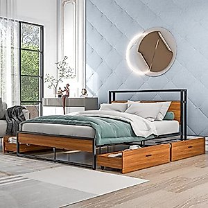 Banemi Queen Bed Frame with Drawers, Queen Size Platform Bed Frame Black Metal Bed Frame with Four Drawers Sockets and USB Ports Slat Support