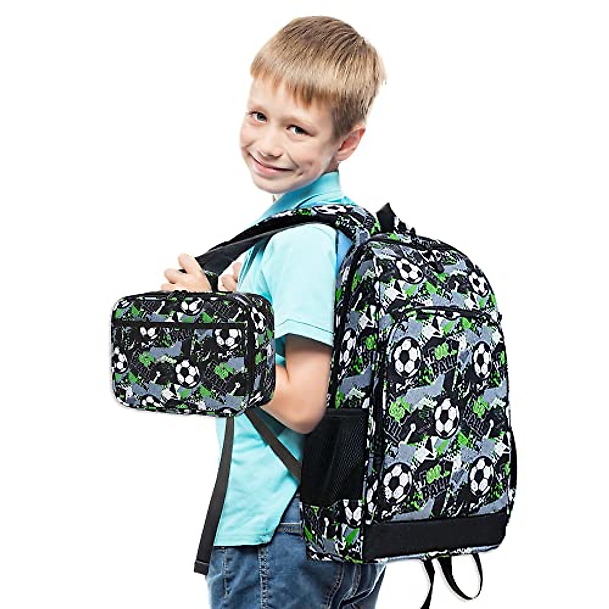 MOCCNORA Backpack for Kids Boys Preschool Backpack with Lunch Box Soccer Printed School Bags for Primary Students