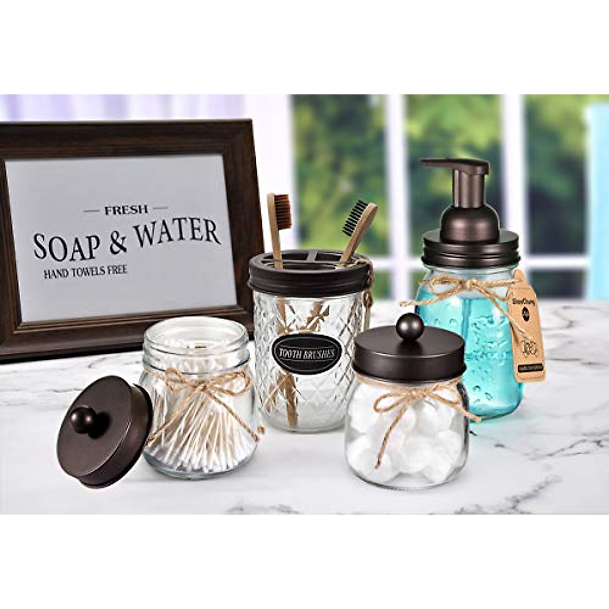 Mason Jar Bathroom Accessories Set - Mason Jar Foaming Hand Soap Dispenser and Qtip Holder Set - Rustic Farmhouse Decor Apothecary Jars Bathroom Countertop and Vanity Organizer (Bronze)-Patent Pending