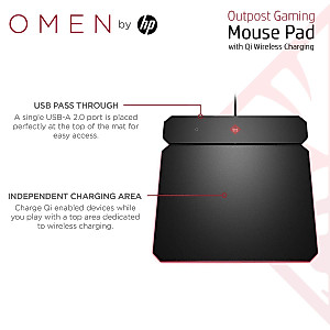 OMEN by HP Outpost Gaming Mouse Pad with Qi Wireless Charging, Custom RGB, and USB-A 2.0 Port, (6CM14AA), Black (6CM14AA#ABL)