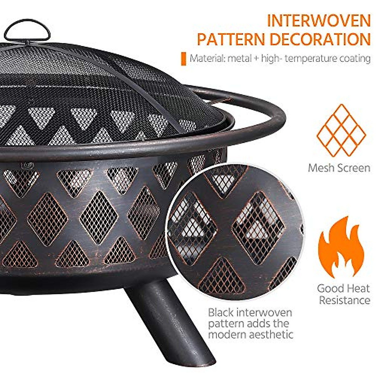 Topeakmart 36'' Outdoor Fire Pit Round Steel Firepit with Mesh Screen Poker Rain Cover for Backyard Garden Camping Bonfire Patio Bench, Bronze