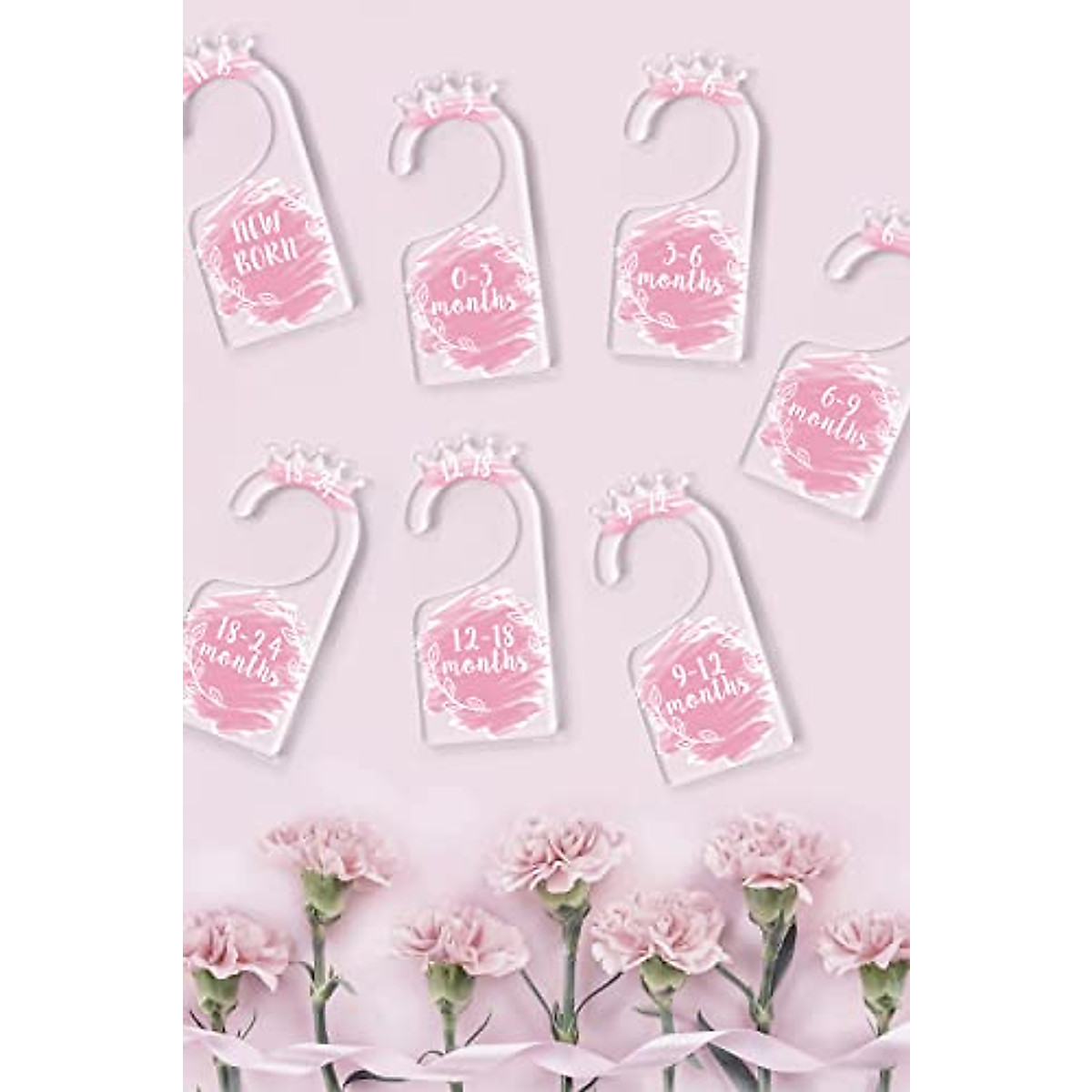 OneDream Baby Closet dividers Hanger separators - Set of 7 Baby Clothes dividers for Closet from Newborn to 24 Months, Acrylic Infant Clothes Divider (Pink)