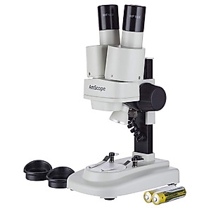 AMSCOPE-KIDS SE100X Portable Binocular Stereo Microscope, WF5X and WF10x Eyepieces, 10X and 20X Magnification, 2X Objective, Tungsten Light Source, Reversible Black/White Stage Plate, Battery-Powered