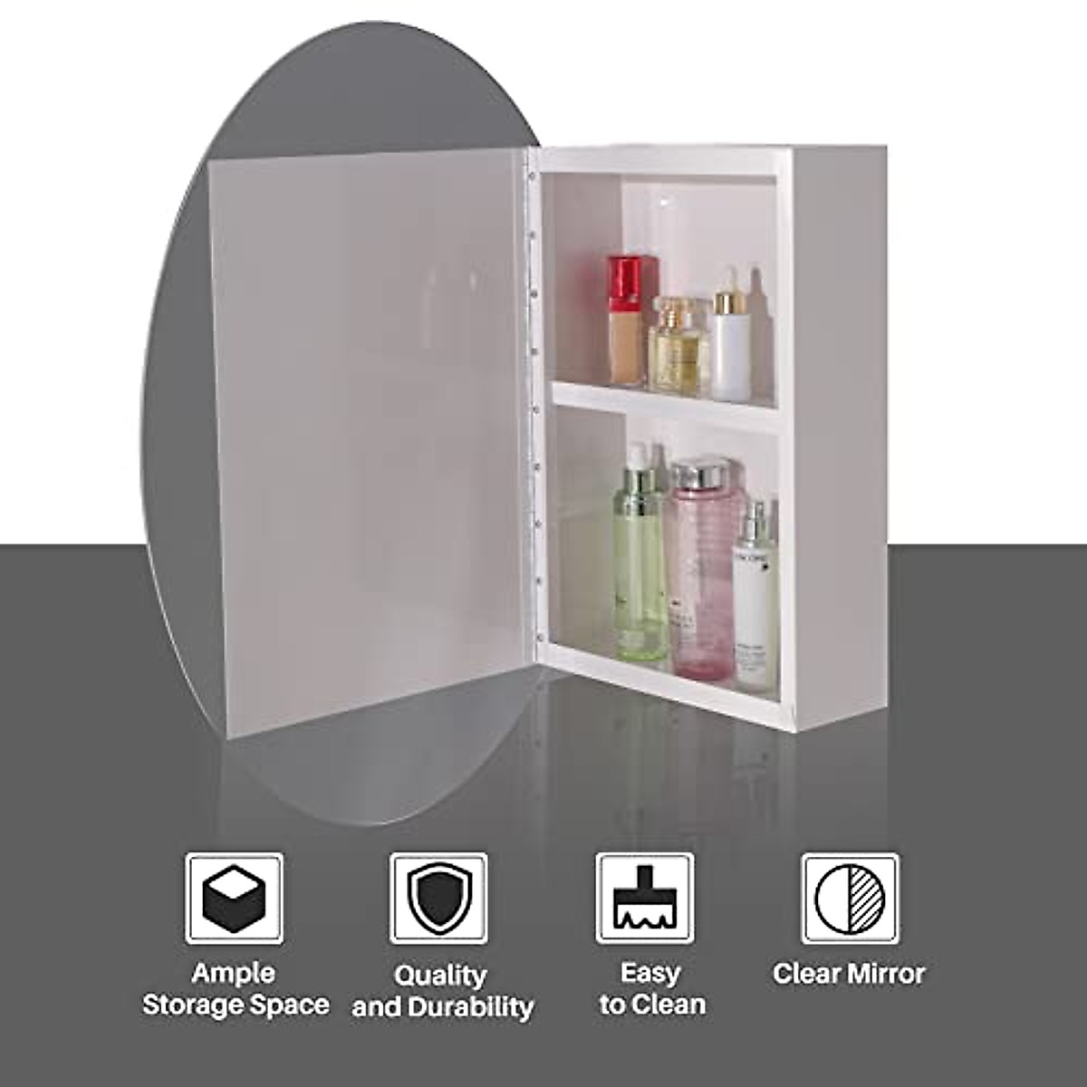 Movo Medicine Cabinet with Mirror Oval Beveled Polished Frameless Wall Mirror for Bathroom, Livingroom, Bedroom (18" W x 26" H Oval), Surface Mount Installation only, White Coated Metal Shelf