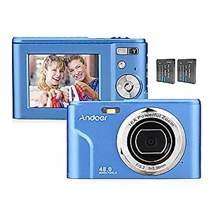 Andoer Portable Digital Camera 48MP 1080P 2.4-inch IPS Screen 16X Zoom Auto Focus Self-Timer 128GB Extended Memory Face Detection Anti-Shaking with 2pcs Batteries Hand Strap Carry Pouch