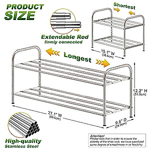 SKIKEN 2-Tier Low Shoe Rack, 100% Stainless Steel, Small Expandable Shoe Rack, Stretchable Rod, No Rust, Easy to Care, Simple Metal Storage Rack For Entrance, Stairs Side, Closet, Bathroom