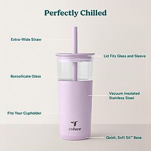 REDUCE Aspen 20 oz Vacuum Insulated Glass Tumbler with Lid & Extra Wide Straw - Keeps Drinks Cold for 12 Hrs - Ideal for Iced Coffee, Smoothies & Boba - Dishwasher Safe, Soft Base - Lilac Bud