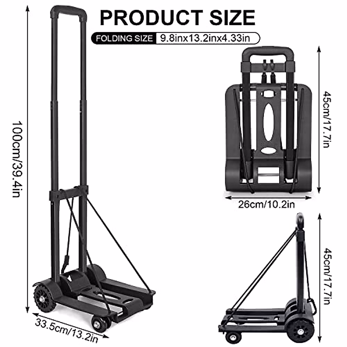 MAYQMAY Folding 4-Wheels Trolley Hand Truck Dolly 100 lbs / 45 KG Compact Luggage Cart for Travel, Moving and Office Use, Black